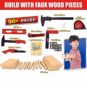 Real Construction Deluxe Workshop – 90 Piece Kids Tool Playset for Teaching Carpentry and Engineering with 8 Project Plans, Safe Faux Foam Wood, and Realistic Tools for Creative Building Fun