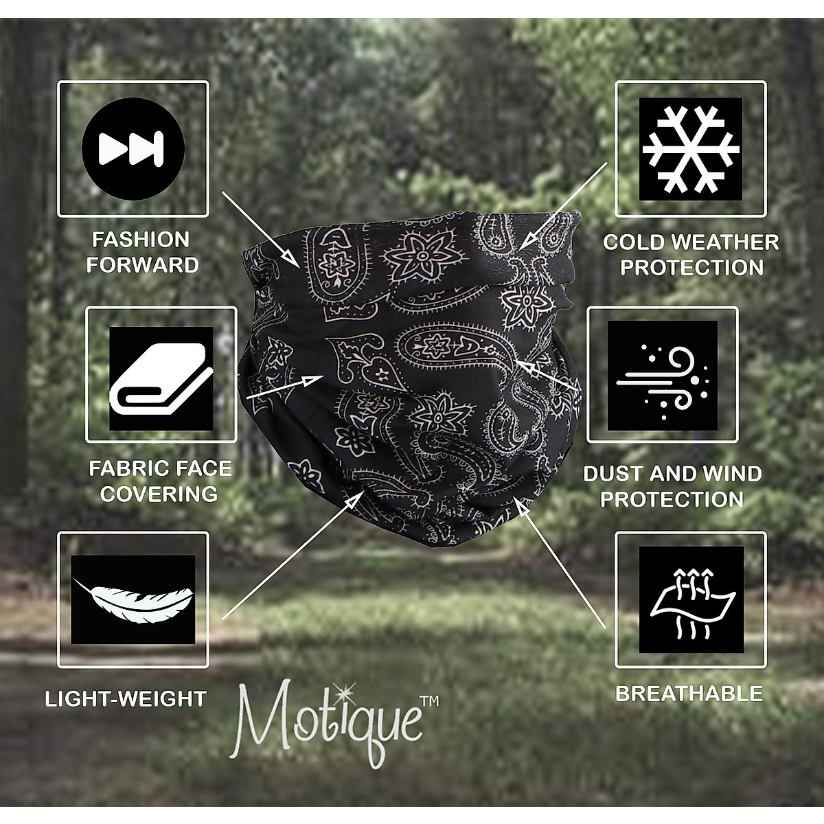 Motique Accessories Set of 3 Paisley Bandana Neck Gaiter Tube Headwear Motorcycle Face Scarf (Black Paisley Flowers)