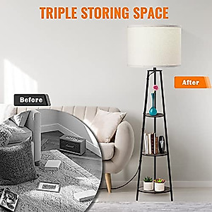 Floor Lamp, 3-Tier Round Corner Shelf Floor Lamp with 3 Dimmable Levels - Simple Standing Lamp with White Fabric Shade, Tall Modern Floor Lamps with Shelves for Bedroom, Living Room and Office