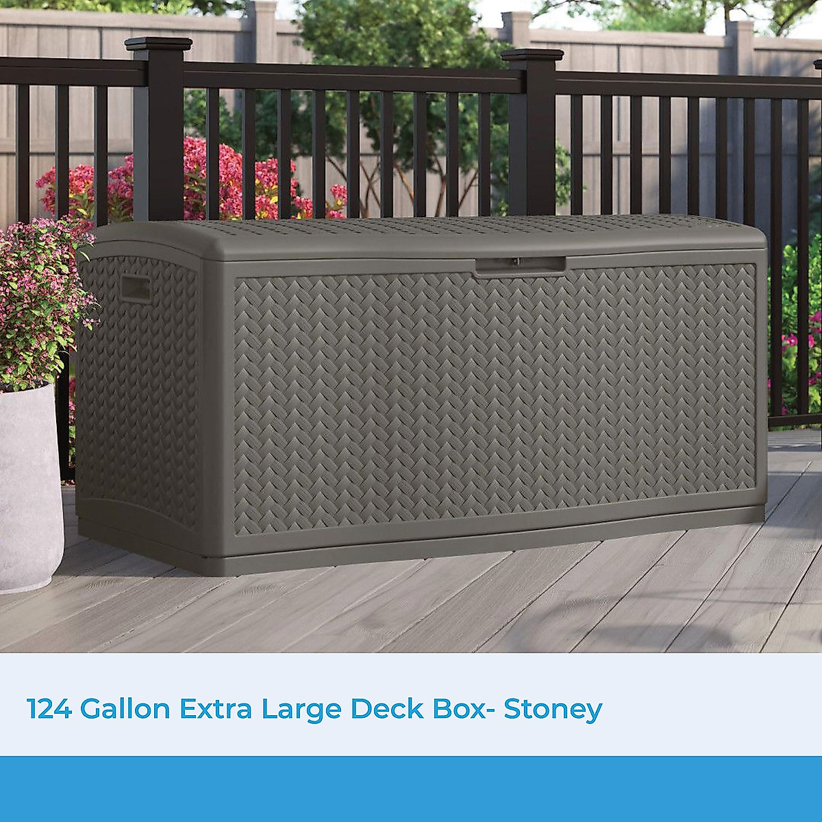 Suncast 124 Gallon Wicker Horizontal Outdoor Deck Box with Hinged Lid, Water-Resistant Storage Solution for Patio, Deck, Yard, and Garage, Stoney