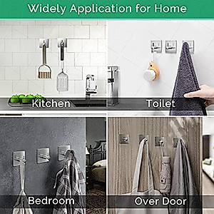 Generic Adhesive Hooks, Heavy Duty Towel Hooks for Hanging, Waterproof Stainless Steel Wall Hanging Coat Hat Robe, Modern Cabinet Closet Hanger Bathroom Bedroom Kitchen Door 4 Pack, Silver, (Li-HK04)