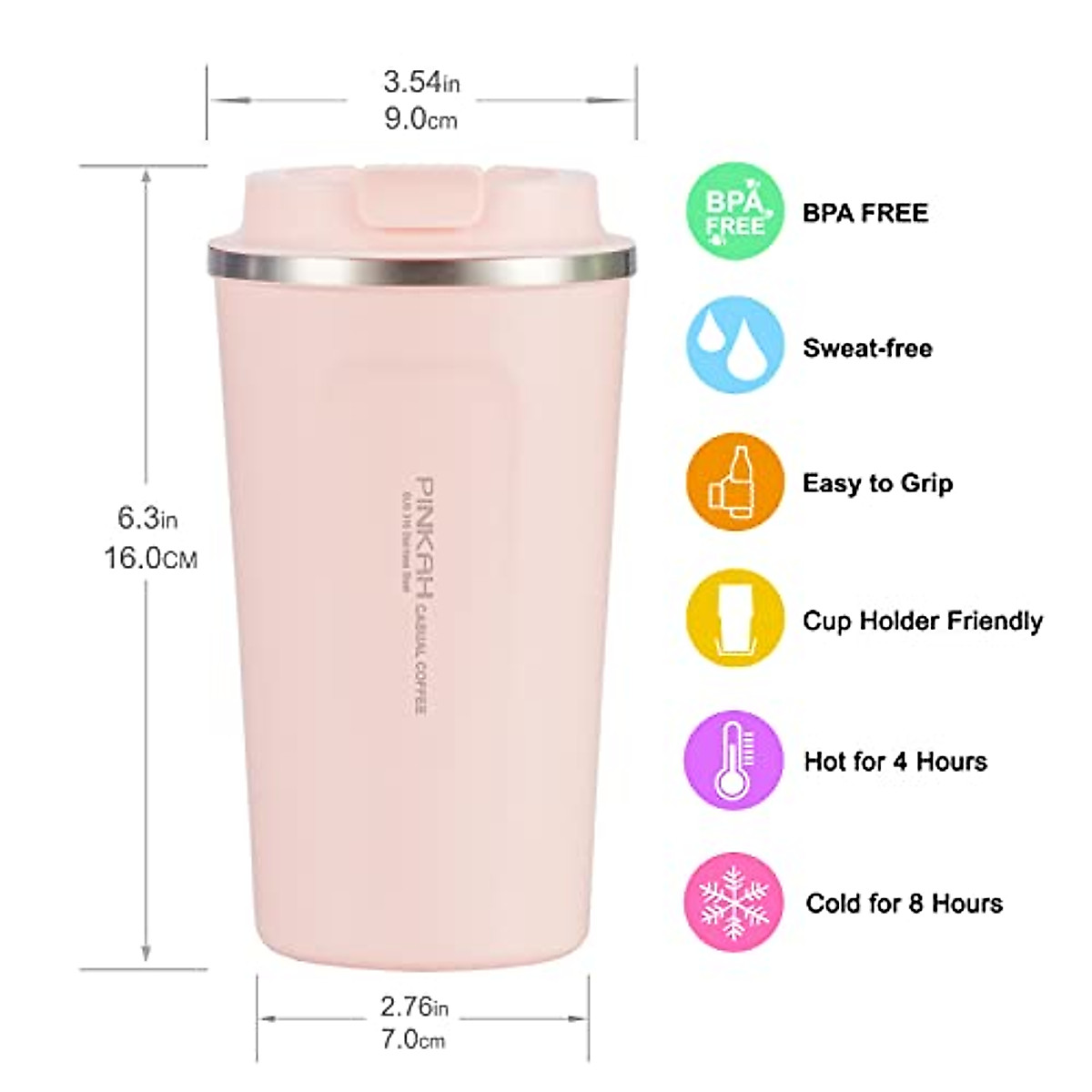 PINKAH 17OZ Stainless Steel Coffee Travel Mug On The Go, Double Walled Insulated Vacuum Coffee Tumbler Cup for Hot/Cold Coffee