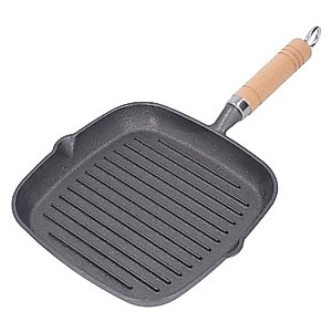 Cast Iron Grill Pan,Grill Pan,Multipurpose Prevents Stick Quadrate Cast Iron Steak Pan with Easy Grease Drain Spout with Wooden Handle for Bacon Steak Onion