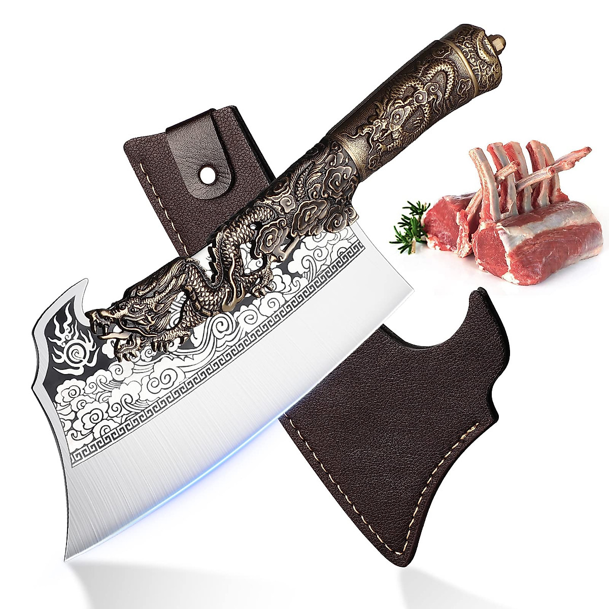 ROCOCO 2lb Dragon Butcher Knife Heavey Duty Cleaver Knife for Meat Bone Cutting 9.5" Cool Big Viking Camping Chopper Cutter with Sheath Birthday Thanksgiving Christmas Gift Idea Men