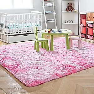 ISEAU Super Soft Rugs for Living Room Shaggy Area Rug, 5x8 Feet Tie-Dye Shaggy Area Rug Fluffy Rugs for Bedroom, Non-Slip Abstract Fuzzy Rugs Dorm Shag Rugs for Girls Boys Kids Room, Tie-Dyed Pink