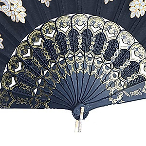 RAZZUM Decorative Folding Fans Black Spanish Style Dance Party Wedding Lace Silk Folding Hand Held Flower Fan Fan