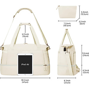 Gym Bag for Women, Sports Travel Duffel Bag with USB Charging Port, Weekender Overnight Bag with Wet Pocket and Shoes Compartment for Women Girls Travel, Gym, Yoga, School (Off White)