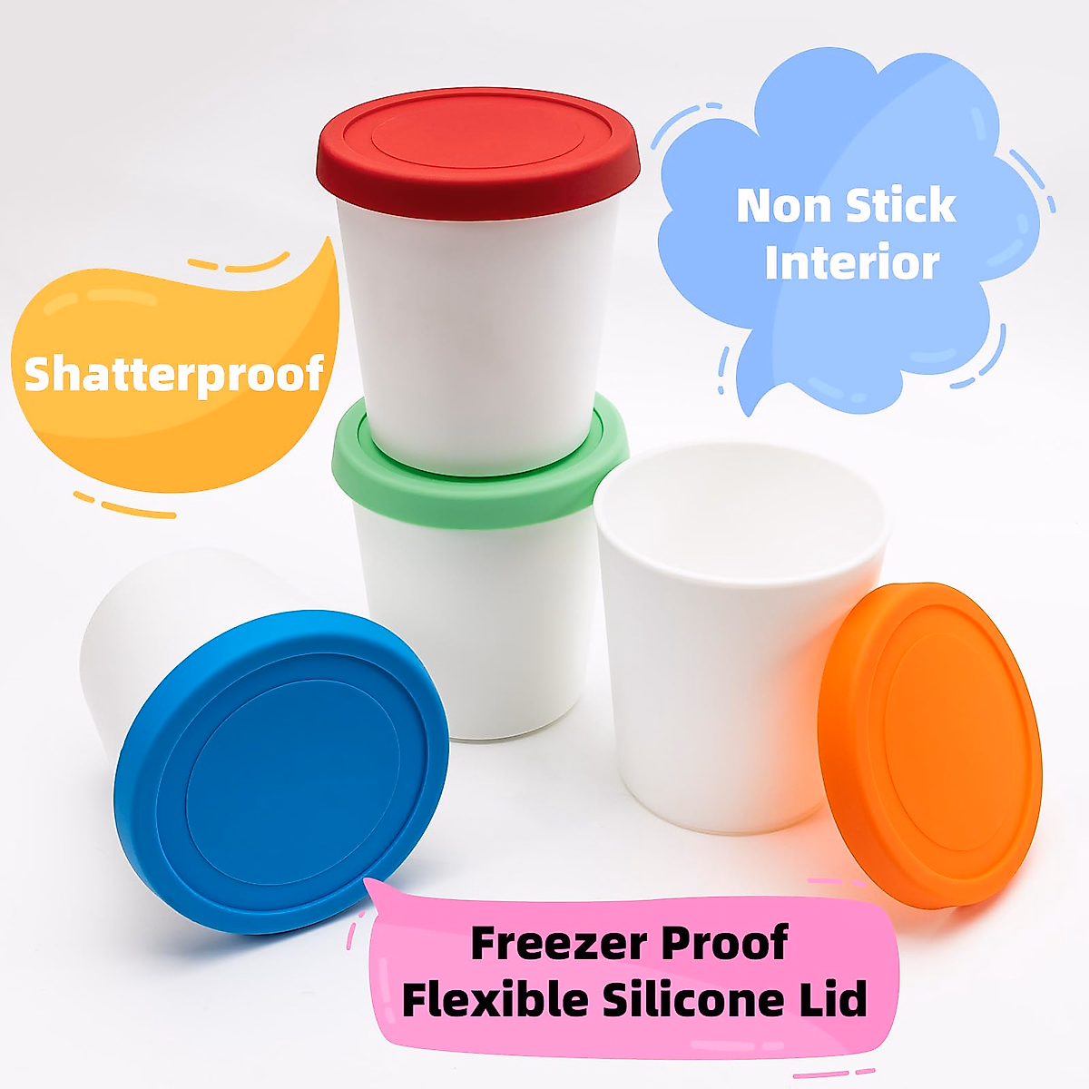 Belle&Beau 4 Pack Ice Cream Containers Set (1 Quart Each) with Silicone Lids, Ideal for Homemade Ice Cream, Sorbet, and Gelato, Dishwasher Safe, Includes 1 Erasable Marker, 1 Scoop, and 1 Cloth