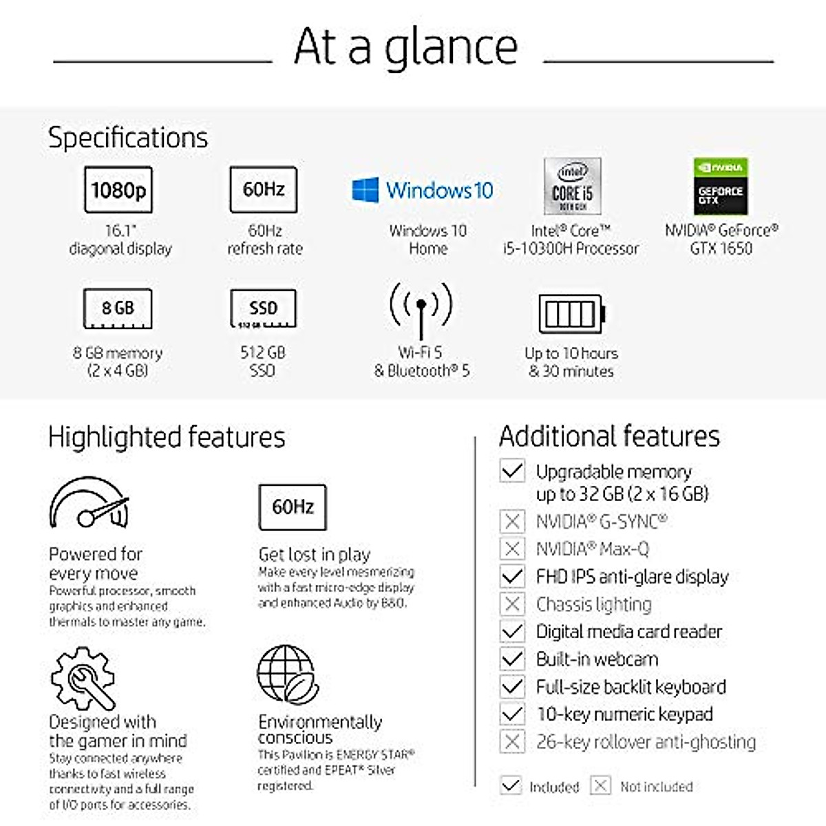HP Pavilion Gaming 16 Laptop PC, NVIDIA GeForce GTX 1650, Intel Core i5-10300H, 8GB DDR4 RAM, 512GB PCIe NVMe SSD, 16.1" Full HD, Windows 10 Home, Backlit Keyboard (16-a0010nr, Shadow Black)