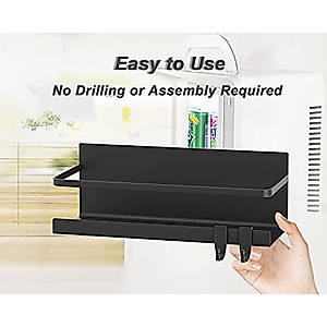 LITINEE Magnetic Spice Rack for Refrigerator Magnetic Shelf with 4 Removable Hooks, Strong Magnetic Spice Rack Perfect Space Saving for Holding Spices, Jars, Bottle, Olive Oil (Black, 2Pack)