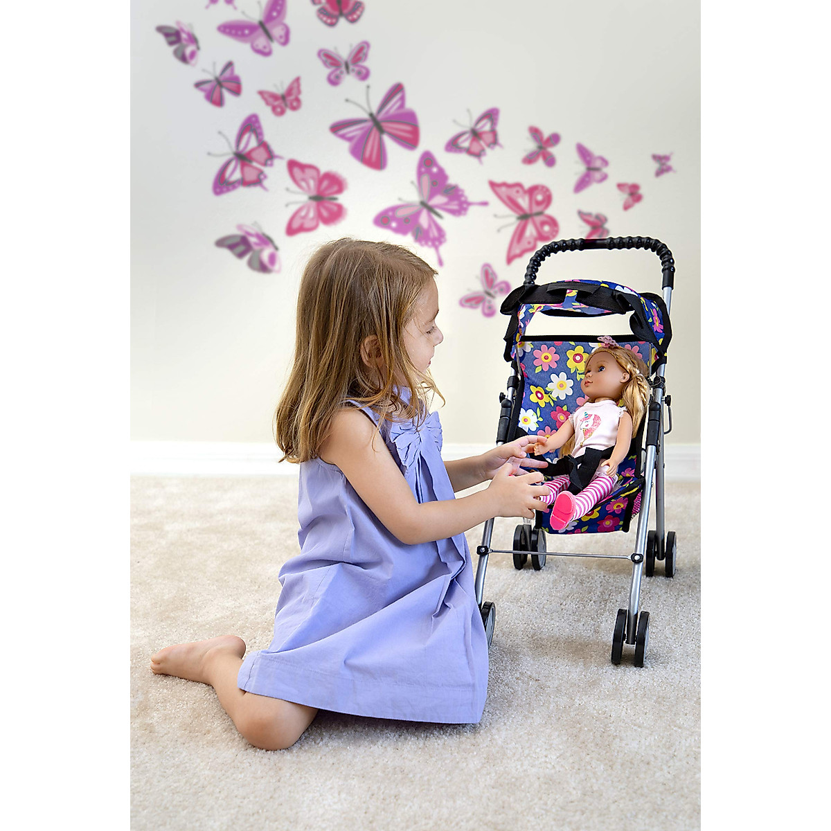 fash n kolor® - Doll Stroller My First Baby Doll Strollers Toy - Flower Design with Basket in The Bottom- Doll Accessories 2 Free Magic Bottles Included - New Year Gift, Boys, Girls
