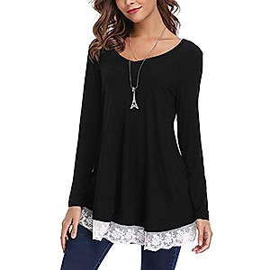 Womens Long Sleeve Swing Tops V Neck Casual Loose A Line Lace Trim Tunic Shirts Loose Blouse Black