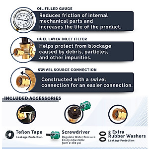 Morvat Premium Lead-Free Brass RV Water Pressure Regulator Adjustable Valve with Oil Filled Gauge for Camper, Includes Screwdriver, Roll Of Teflon Tape & 2 Extra Rubber Washers