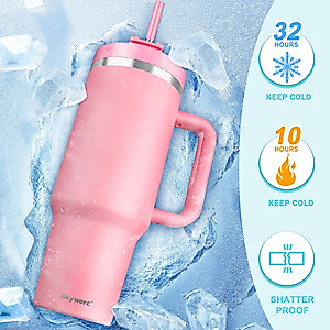 40 oz Tumbler with Handle and Straw, 2 Lids (2 in 1 & LeakProof Lid) - Vacuum Insulated Stainless Steel Double Wall Water Bottle Travel Mug - Holiday Gifts for Women Men - Baby Pink