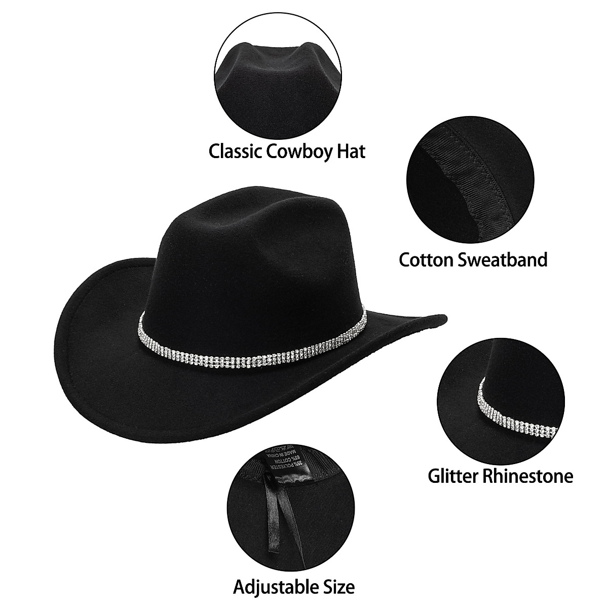 Womens Cowgirl Studded Pinched Western Cowboy Hats Wide Brim Gaucho Hat Fedoras Hat with Belt Buckle(M/L) (US, Alpha, Medium, Black-3 Diamonds)