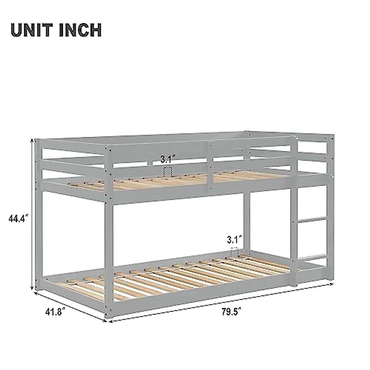 CNANXU Twin Low Bunk Bed, Twin Loft Bed with Ladder for Boys and Girls, Wood Twin Over Twin Bunk Bed Frame with Full Length Guardrail, Multifunctional Design, Wooden Slat Support (Grey)