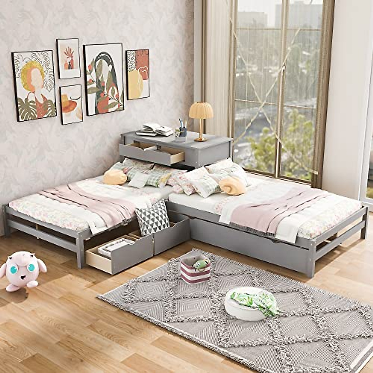 MOEO L-Shaped Full Size Platform Bed with Trundle and Drawers Linked w/ Built-in Desk for Kids, Bedroom, Teens, Adults, No Box Spring Needed, 3 Wood Bedframe in 1, Gray