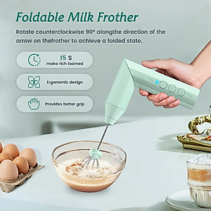 Milk Frother Handheld, USB-C Rechargeable Coffee Frother Wand, Electric drink mixer with Charging Base&3 Heads,3 Speeds Adjustable, Electric Whisk Drink Mixer Handheld with Stand for Coffee,Egg Green