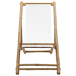 vidaXL Patio Deck Chair - Bamboo & Canvas Sling Chair, Adjustable Lounge for Balcony/Deck/Porch, White Canvas