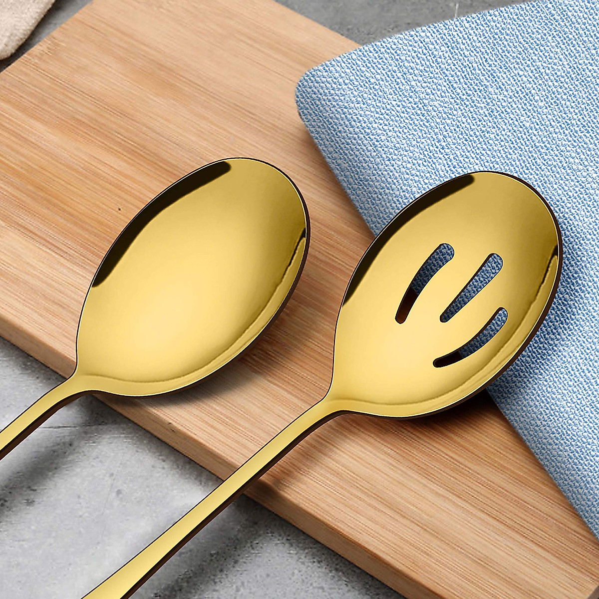 Homikit Stainless Steel 4 Gold Serving Spoons, 4 Gold Slotted Serving Spoons, Metal Buffet Dinner Party Banquet Restaurant Catering Serving Utensils, Mirror Polished, Dishwasher Safe