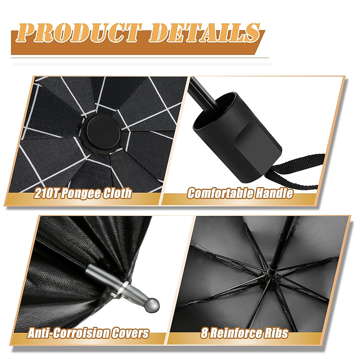 BUKPUD Large Compact Travel Umbrella, Windproof Waterproof Stick Umbrella Anti-UV Protection, Three Folding Umbrella for Backpack - Portable Black Folding Umbrella for Men and Women Kids Adults