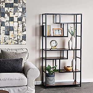 Household Essentials Jamestown Tall 6 Shelf Open Storage Bookshelf Mid Century Walnut Wood Grain and Black Metal