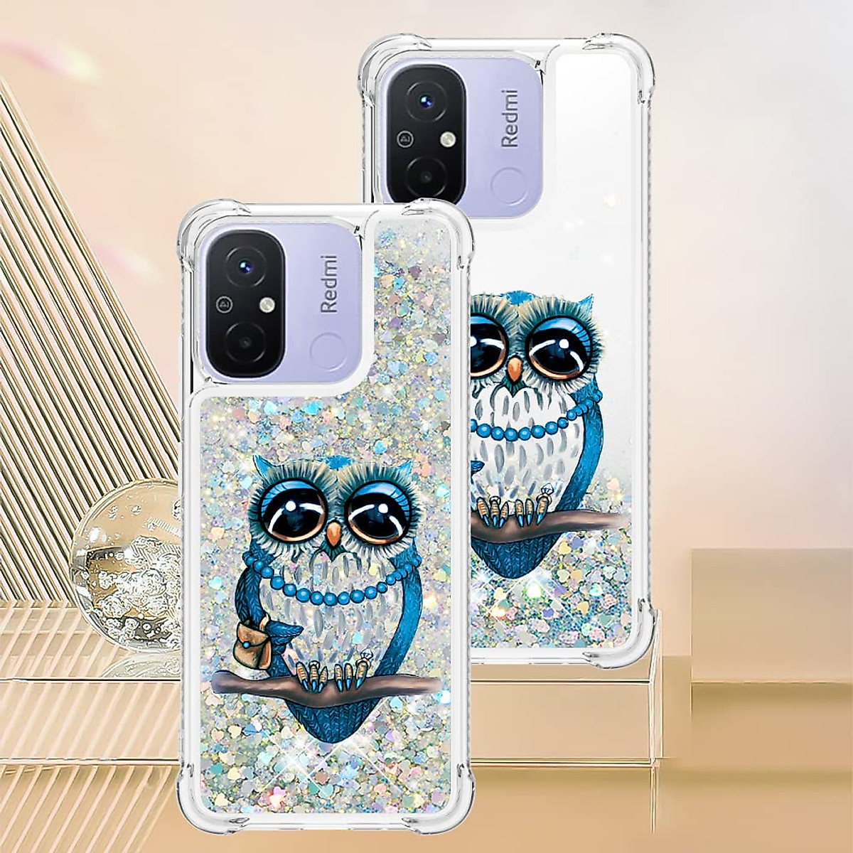 Monwutong Slim Fit Phone Case for Xiaomi Redmi 12C,Glitter Liquid Quicksand Effect Silicone Soft TPU Fashion Case with Four Corners Anti-Drop Protection for Redmi 12C,YBDT Owl