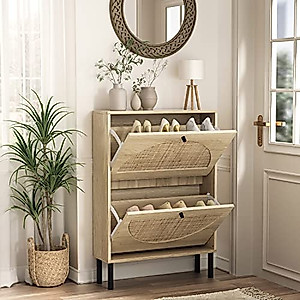 Angel Sar Rattan Shoe Cabinet with 2 Flip Drawers, Narrow Shoe Storage Cabinet, Shoe Organizer for Entryway, Bedroom, Living Room, Apartment, Natural Wood