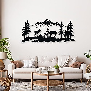 fayholy Metal Wall Art - Metal Deer Family art, Metal Wall Decor, Wildlife Lover Gift, Tree Mountain Decoration, Wall Hangings, Nature Wall Art (Silver, 24"x10" | 60x26 cm)