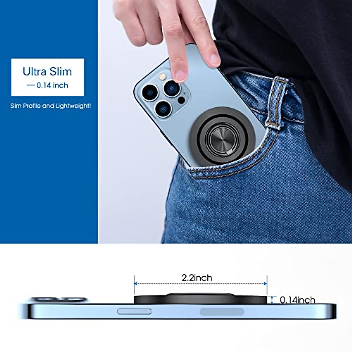 TechMatte Magnetic Phone Ring Holder (Detachable), Compatible with iPhone 14 iPhone 13 iPhone 12, Pro, Max, Mini and MagSafe Case, Wireless Charging Compatible