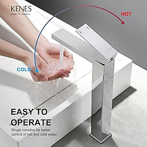KENES Chrome Bowl Vessel Sink Facuet Single Handle Tall Bathroom Sink Faucet Bathroom Vanity Faucet Basin Mixer Tap with Water Supply Lines and Pop Up Sink Drain, LJ-9031A-5
