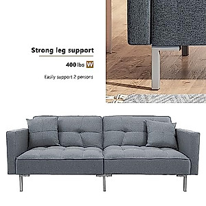 RIDFY Modern Upholstered Adjustable Folding Sofa Bed with Two Pillows and Metal Legs, Linen Fabric Futon Couch with Armrests for Living Room, Apartment, Dorm, Home, Office (Dark Gray)