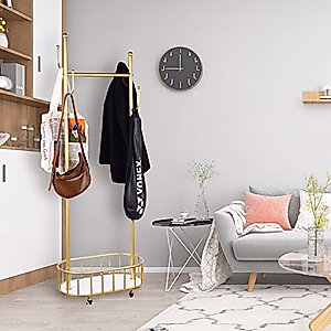ZHANYUN Gold Metal Garment Rack, Clothes Racks on Wheels, Rolling Clothing Rack with A Hanging Rod and Bottom Storage Basket Shelves (Gold)