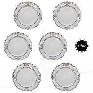 Spsyrine Antique White Charger Plates, Set of 6 Embossed Baroque Chargers for Dinner Plates, Wedding, Party
