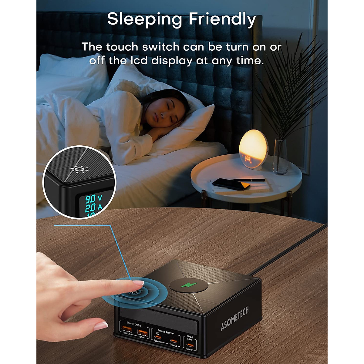 ASOMETECH Charging Station, 160W 5-Port USB C with 65W PD, QC3.0, Wireless Charger, LCD Display for MacBook, Laptop, iPad, iPhone, Samsung