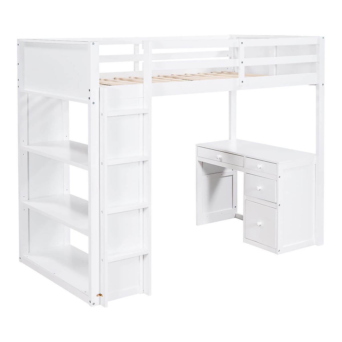 BIADNBZ Wooden Twin Size Loft Bed with Large Shelves Storage and Desk w/Built-in Drawers, Multifunctional LoftBed Frame w/Ladder for Kids Teens Adults Bedroom, White