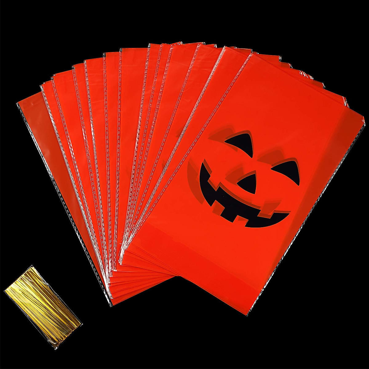 50 Pieces Halloween Favor Bags Pumpkin Smile Pattern Flat Cellophane Treat Bags Halloween Plastic Party Bags for Bakery, Popcorn, Cookies, Candies and Dessert with 100 Pieces Gold Twist Ties