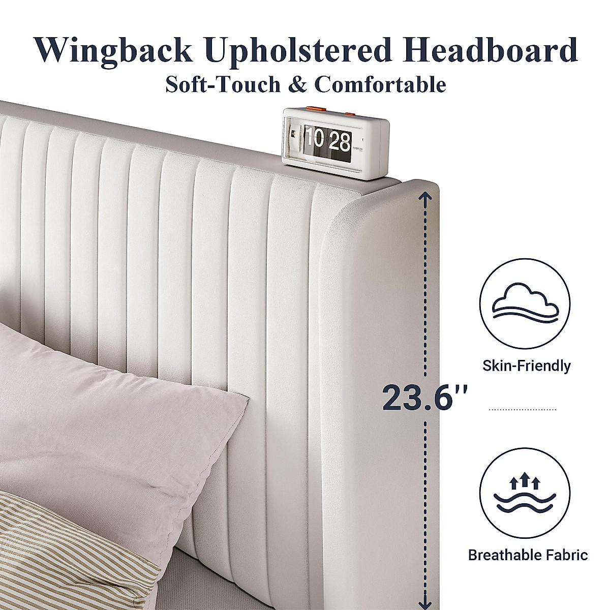 Allewie Full Size Velvet Bed Frame/Vertical Channel Tufted Wingback Headboard/Upholstered Platform Bed/Strong Wooden Slats/No Box Spring Needed/Easy Assembly/White