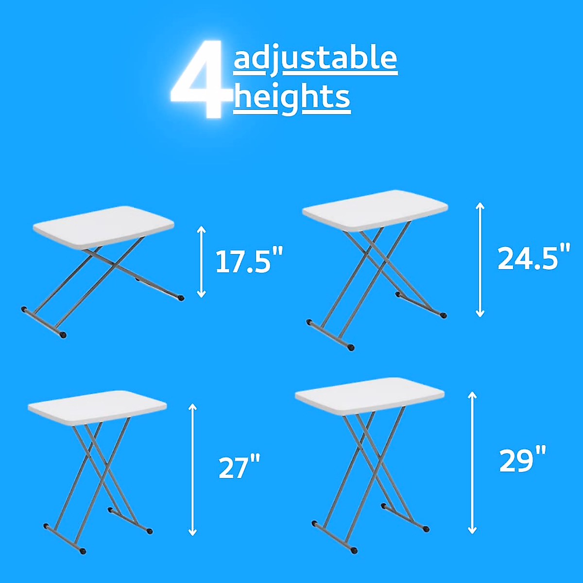 New Home Era 30" Height Adjustable Plastic Folding Tray Table - Portable, Easy Storage, and Perfect for Living Room and Bedroom - White