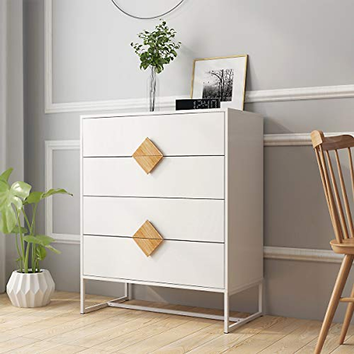 RASOO Chest of Drawers White 4 Drawer Dresser Chest Bedside Drawer Cabinet Storage for Bedroom with Special Shape Square Handle, 31.77” X 15.74” X 36.22” (LxWxH)