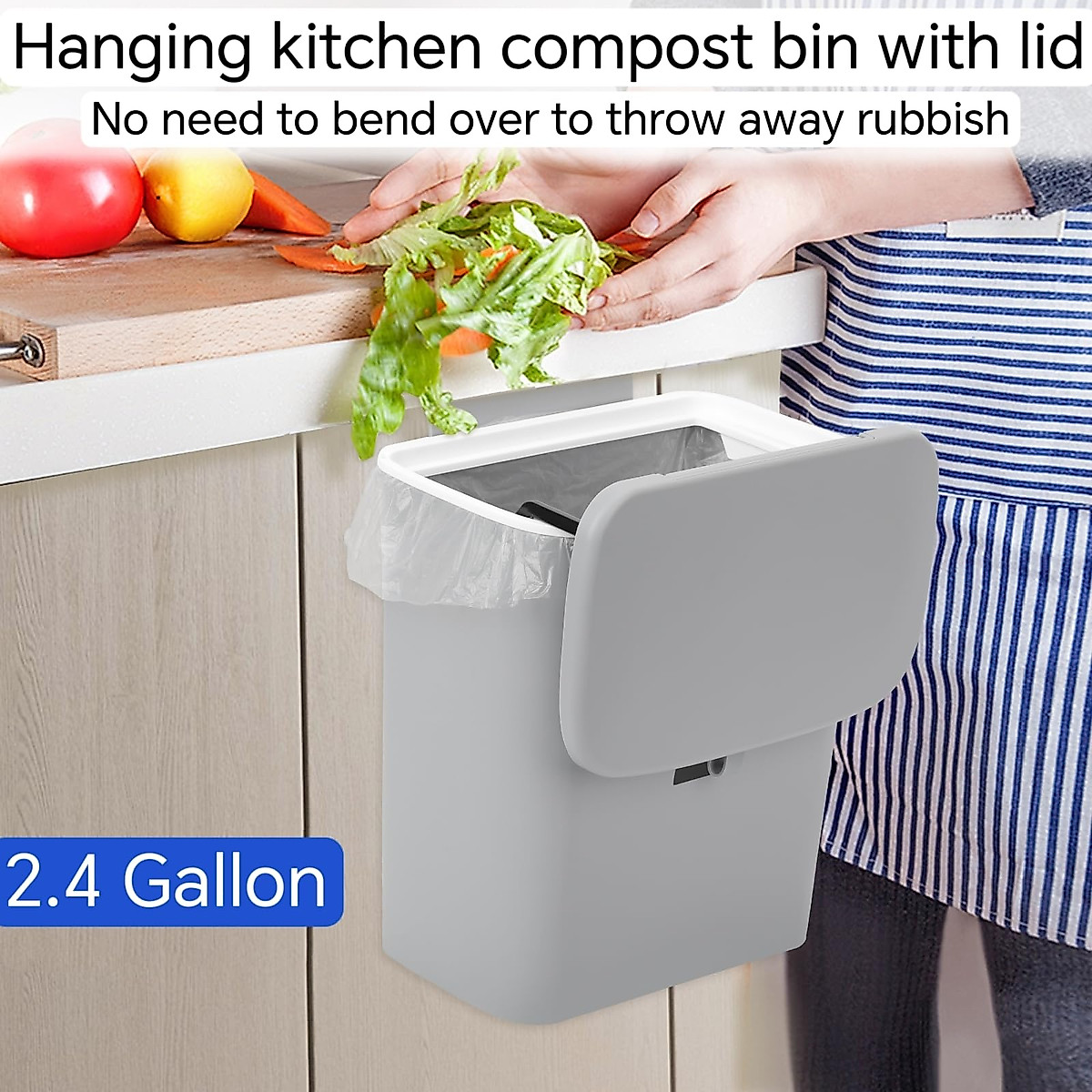 MUGYPYR Compost Bin for Kitchen -2.4 Gallons/9L Trash Can for Under Sink,Hanging Small Trash Can with Lid for Bathroom/Bedroom, Indoor Compost Bucket (Grey)