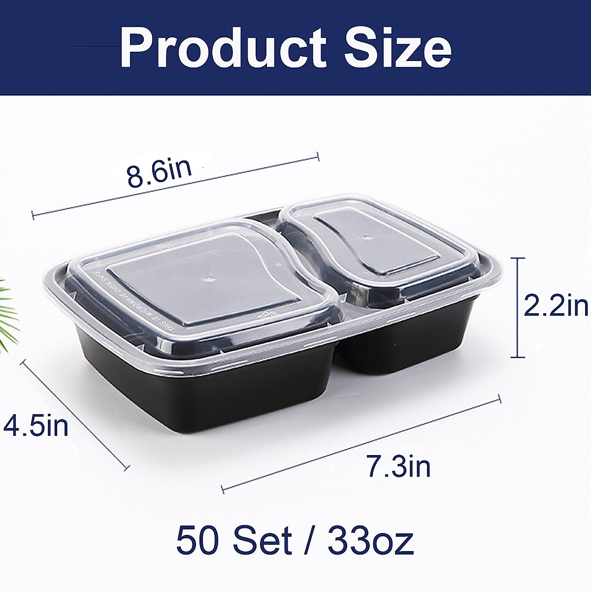 Meal Prep Container with Lids, 50 Pack Divided Food Storage Containers Microwave Safe 2 Compartment Disposable Bento Box Reusable To-go Container Plastic Bento Lunch Box (33 oz)