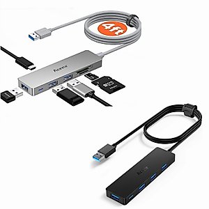 Aceele 6 in 1 USB 3.0 Hub Bundle of 4 in 1 USB 3.0 Hub, 4ft Extended Long Cable, Ultra-Slim Multiport Expander for Desktop Computer PC, Laptop, Chromebook, Mac Mini, iMac, PS4, Flash Drive Data