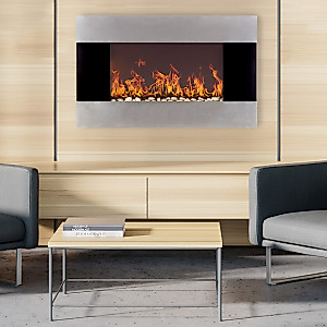 36-Inch Electric Fireplace - Wall Mount, Adjustable Heat, Dimmer, and Remote Control by Lavish Home (Stainless Steel)