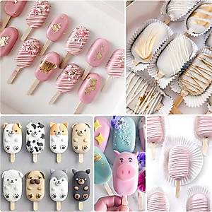Sakolla 3 Pack Large Popsicle Molds 4 Cavities Cake Pop Silicone Molds Oval Ice Cream Cakesicle Molds for Chocolate Baking with 100 Wooden Sticks