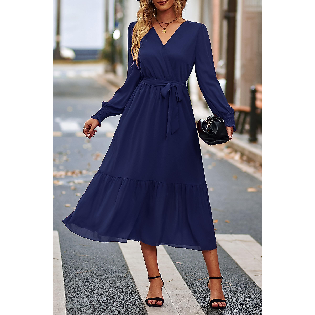 PRETTYGARDEN Women's Floral Print Boho Dress Long Sleeve Wrap V Neck Ruffle Belted A-Line Flowy Maxi Dresses (Solid Navy,X-Large)