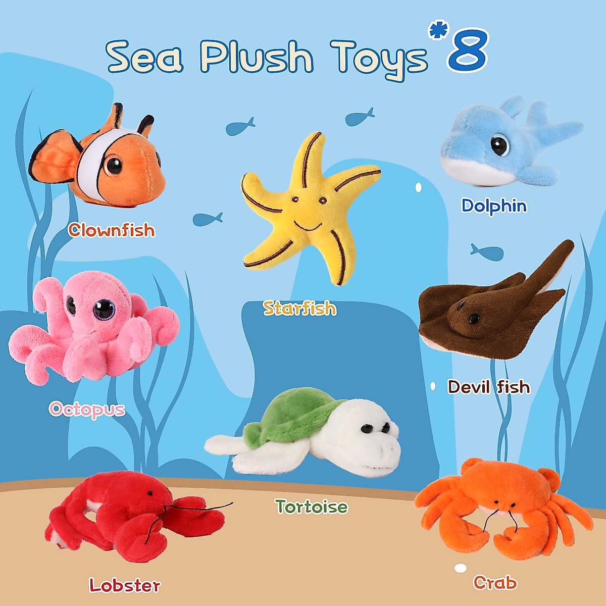 Muiteiur Plush Soft Ocean Animals Set with Plush Sea Shell House Includes Stuffed Turtle, Lobster, Crab, Dolphin, Devil Fish, Octopus, Starfish, Clownfish (Multicolor,8 Piece)