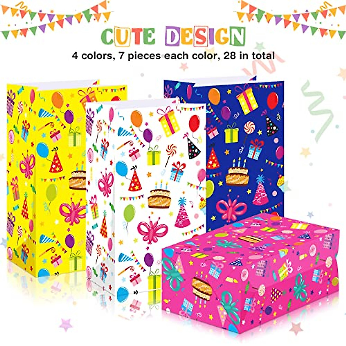 Pajean 28 Pieces Kids Birthday Party Favor Bags Birthday Goodie Bags Birthday Gift Bags Colorful Paper Treat Bags for Candy Snacks Favors Kids Birthday Baby Shower Anniversaries Supplies