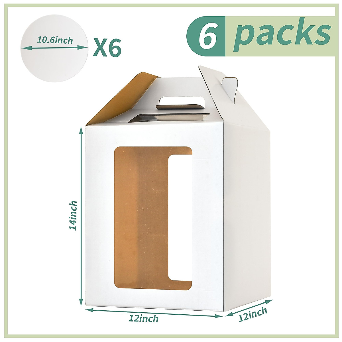 Hzzycaxli 6 Pack Tall Cake Boxes with 4 windows and Cake Boards,12x12x14 Inch Large Tiered Cake Box for Wedding Birthday Transport,10in 12in Durable White Bakery Box Disposable Cake Containers