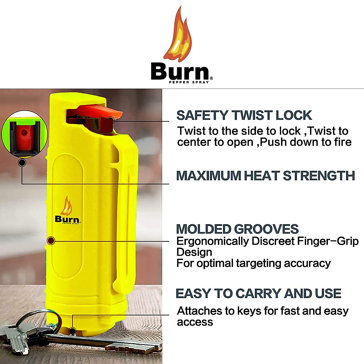 Burn Pepper Spray Keychain for Self Defense - Max Strength OC Spray - 1/2oz Molded Case Yellow